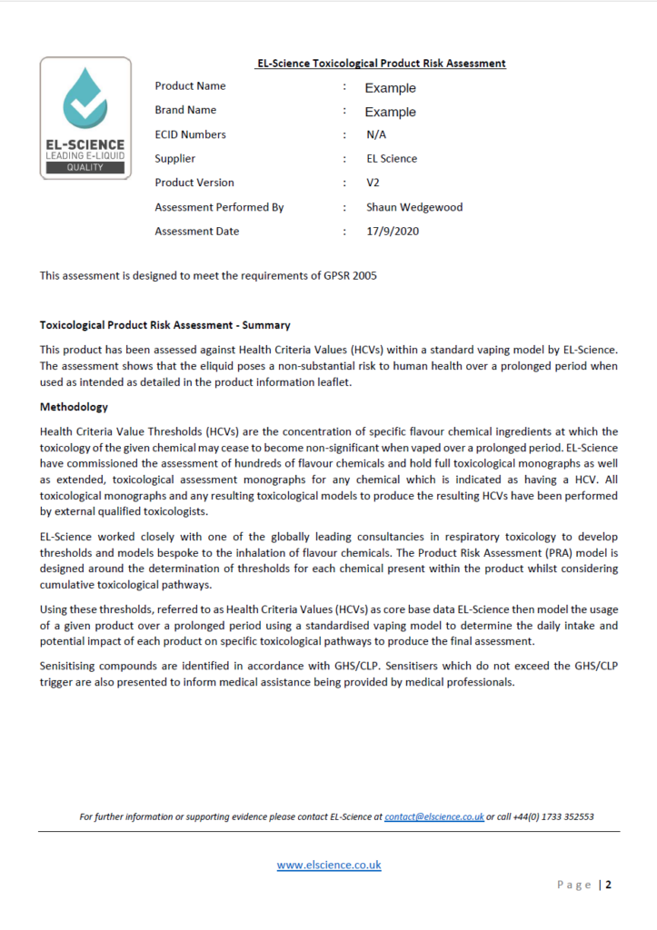 Product Risk Assessment Example